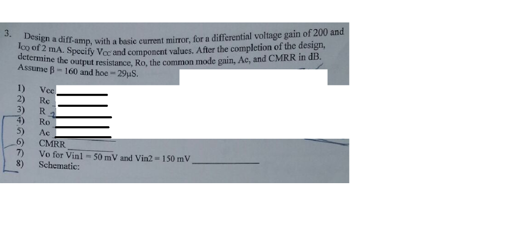 Solved Design a diff-amp, with a basic current mirror, for a | Chegg.com