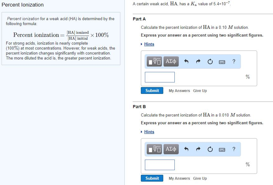 Solved Percent ionization for a weak acid (HA) is determined | Chegg.com