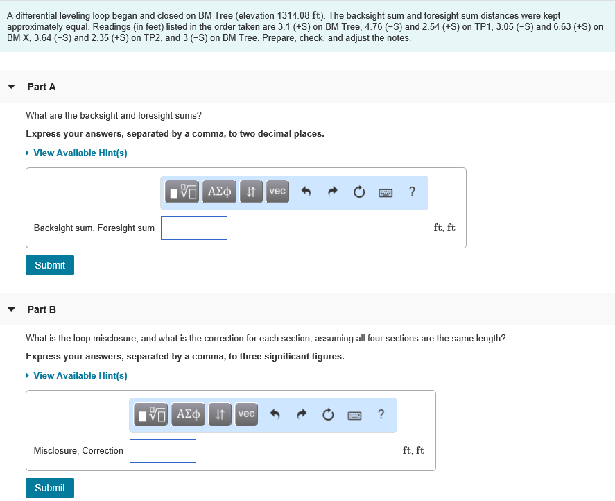 Solved A differential leveling loop began and closed on BM | Chegg.com