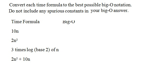 Solved Convert each time formula to the best possible big-O | Chegg.com