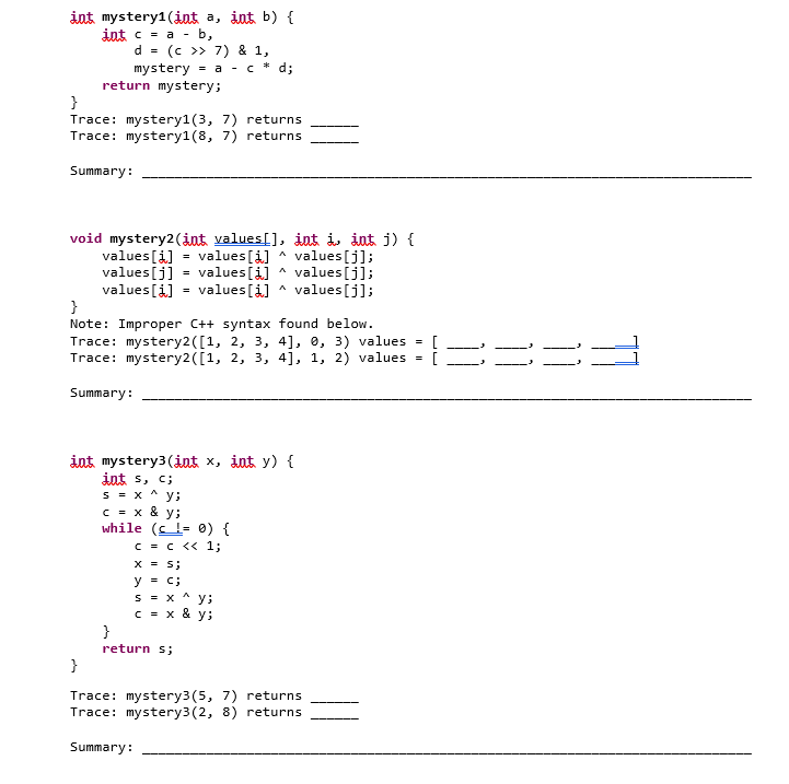 Solved int mystery1 (int a, int b) i mystery a - c * d; | Chegg.com