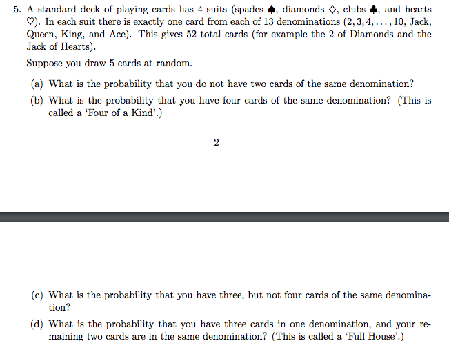 Solved A standard deck of playing cards has 4 suits (spades, | Chegg.com