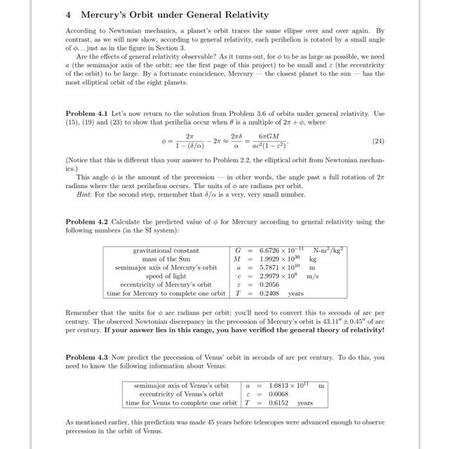 4 Mercury's orbit under General Relativity According | Chegg.com