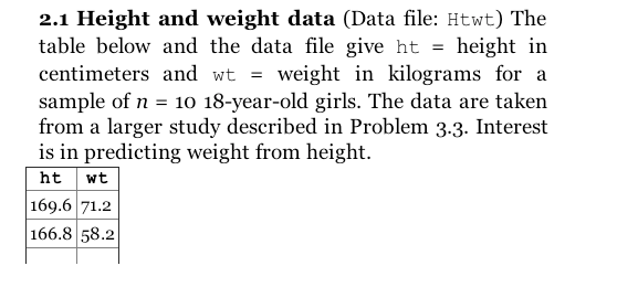 Solved 2.1 Height and weight data (Data file: Htwt) The | Chegg.com