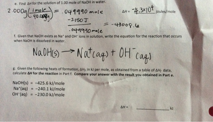 Solved e Find delta H for the solution of 1.00 mole of NaOH | Chegg.com