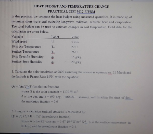 Solved HEAT BUDGET AND TEMPERATURE CHANGE PRACTICAL CIFI | Chegg.com