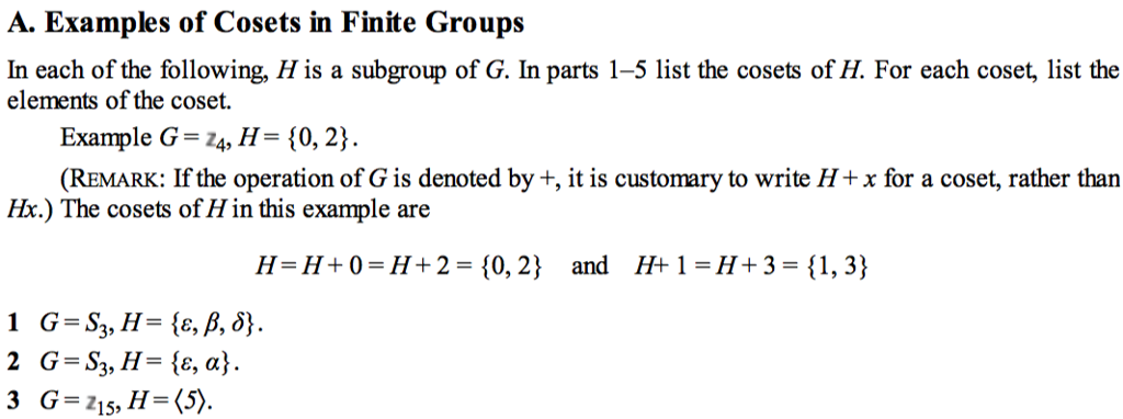 Solved A. Examples of Cosets in Finite Groups In each of the | Chegg.com