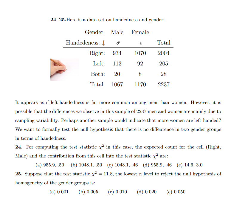 Solved 24-25.Here is a data set on handedness and gender: | Chegg.com