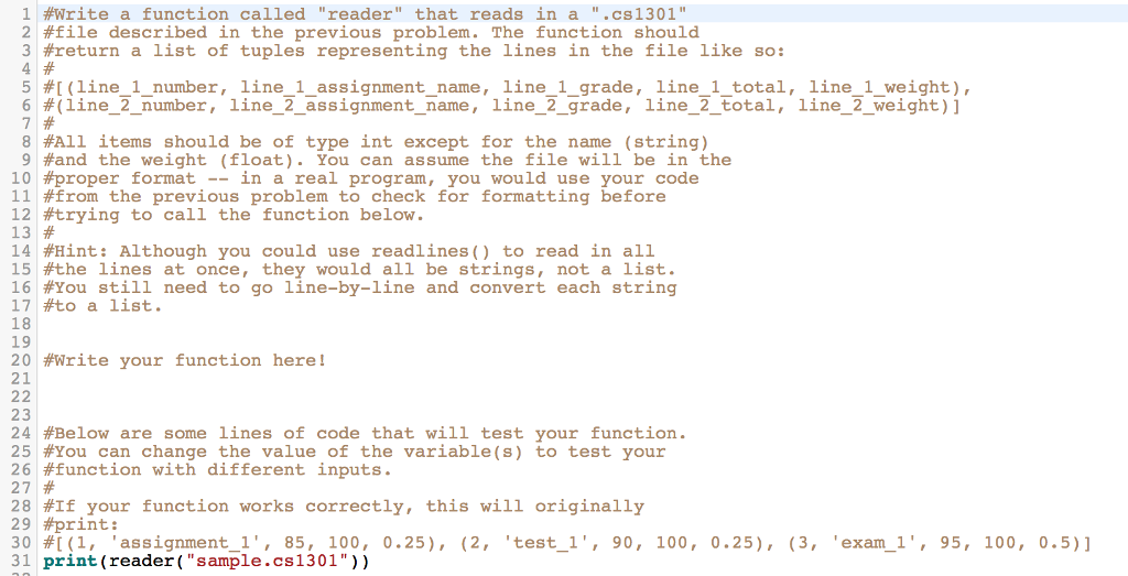 Solved 1 #write a function called "reader" that reads in a " | Chegg.com