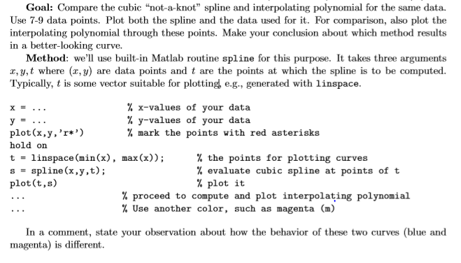 Solved Goal: Compare the cubic "not-a-knot" spline and | Chegg.com