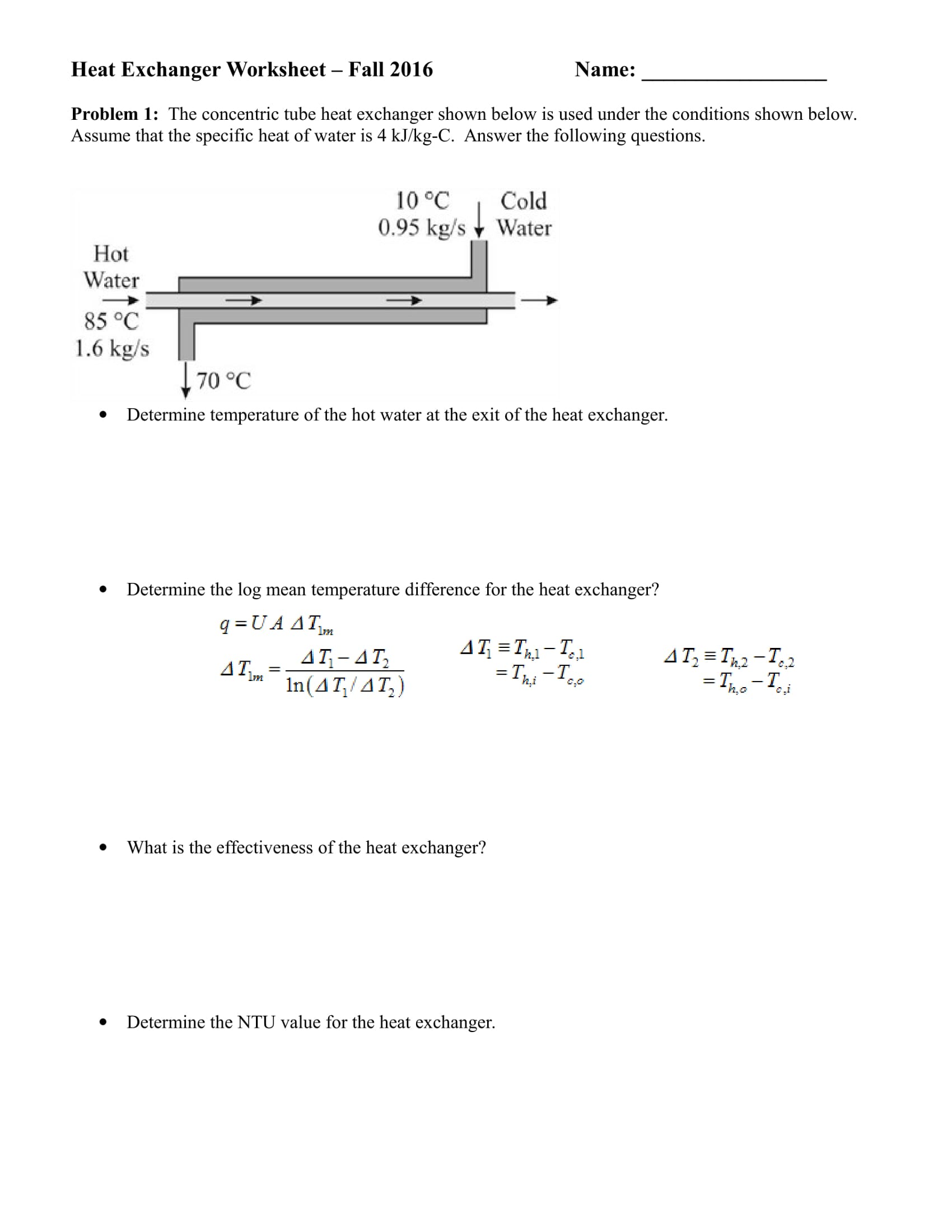 Solved Heat Exchanger Worksheet Fall 2016 Name: Problem 1: | Chegg.com