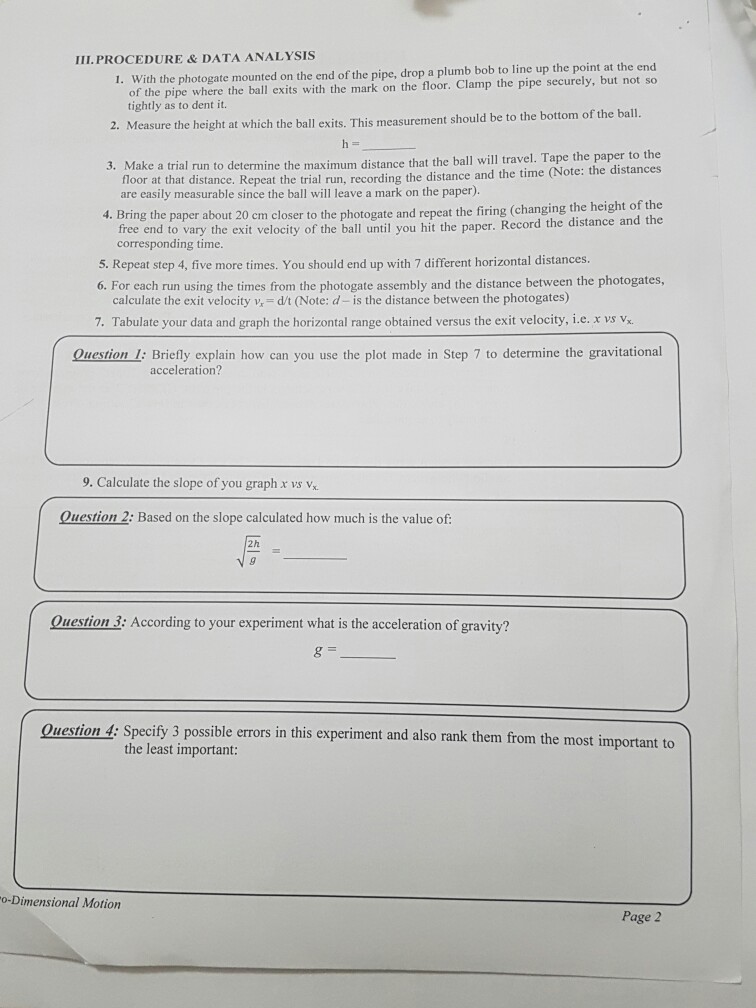 Solved EXPERIMENT 3 Two-Dimensional Motion I. OBJECTIVES I. | Chegg.com