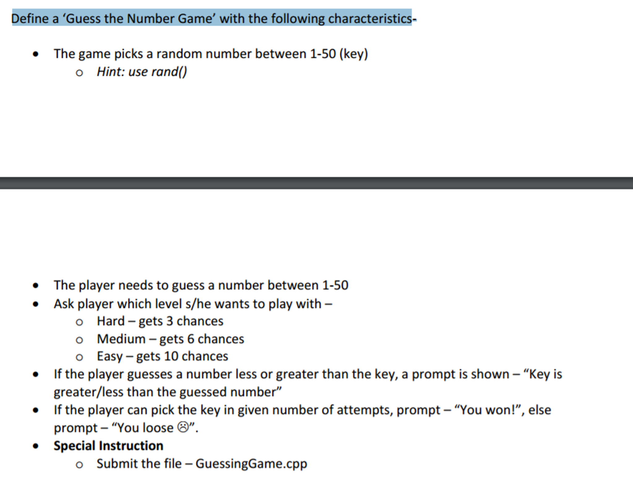 Solved Define a 'Guess the Number Game' with the following | Chegg.com