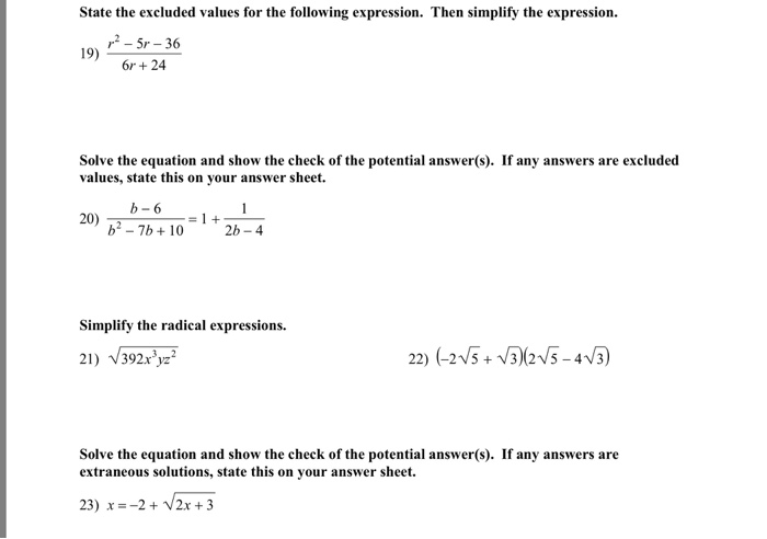 Solved State the excluded values for the following | Chegg.com
