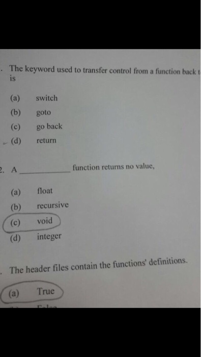 Solved The keyword used to transfer control from a function | Chegg.com