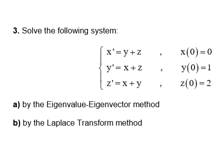 Solved 3. Solve the following system: x'=y+z x(0)=0 , z' = x | Chegg.com