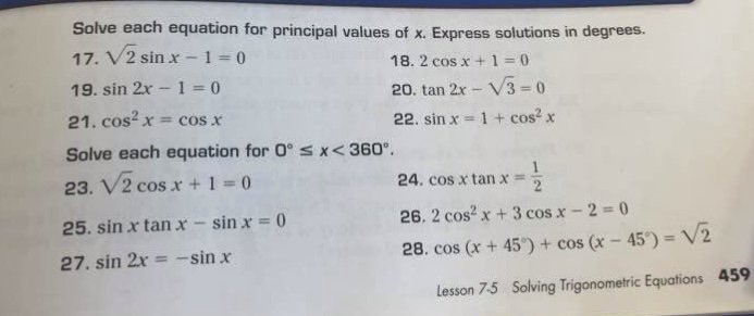 Solved Solve each equation for principal values of x. | Chegg.com