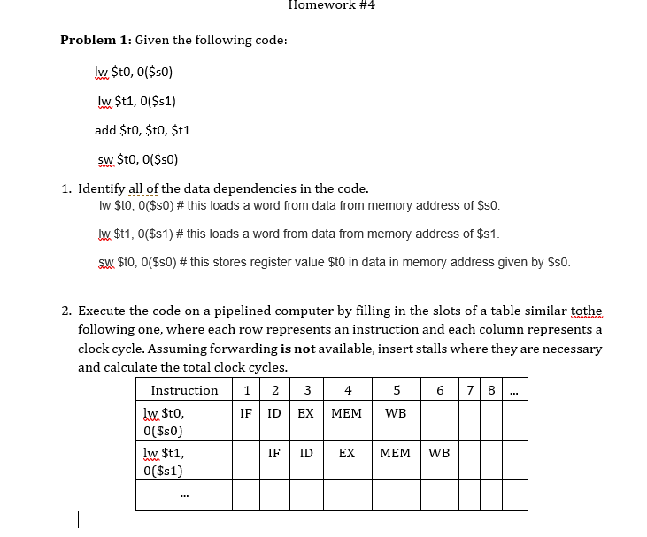 Homework #4 Problem 1: Given the following code: lw | Chegg.com