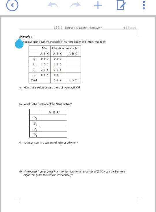 Solved CS 317-Banker's Algorithm Homework 1 Page Example 1 | Chegg.com