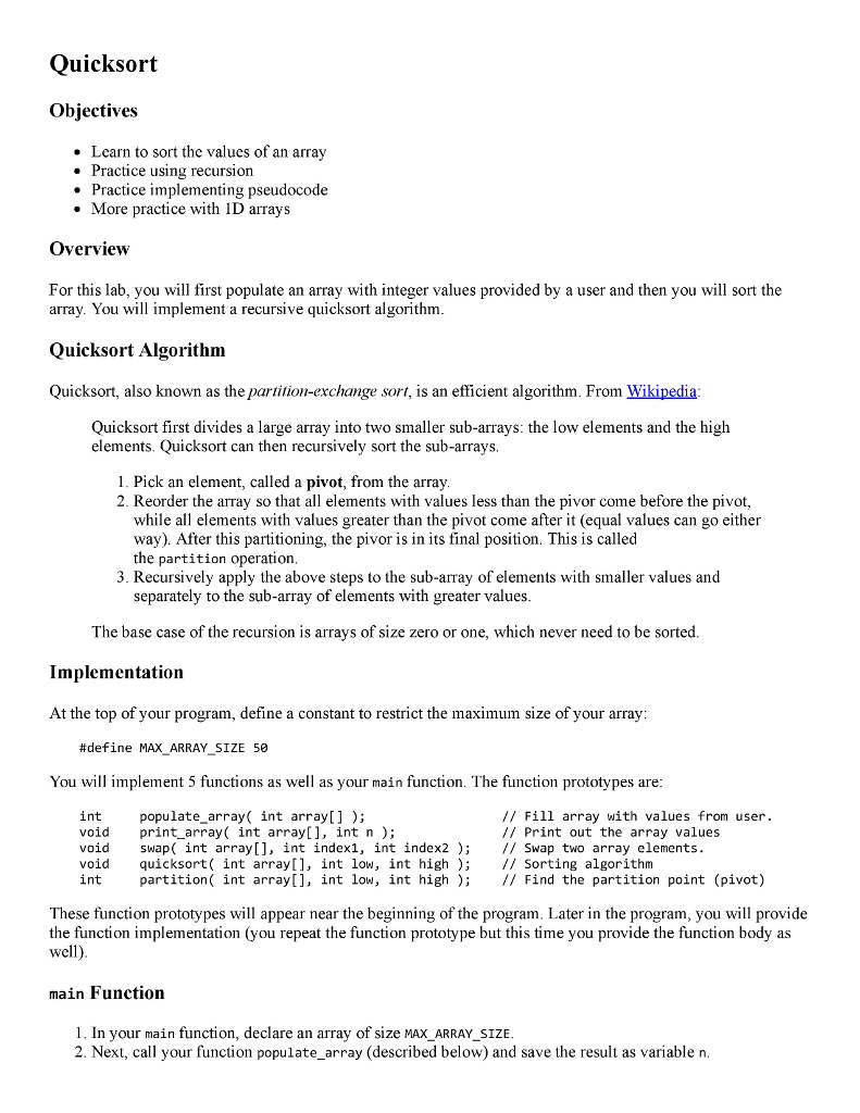 Solved Quicksort Objectives Learn to sort the values of an | Chegg.com