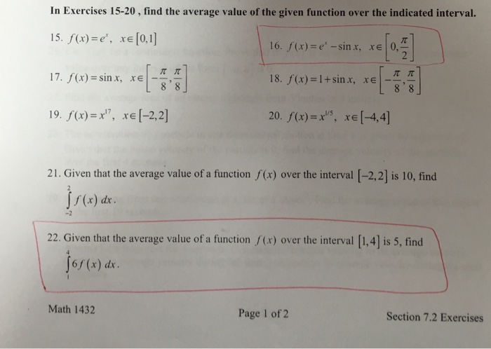 Solved Find the average value of the given function over the | Chegg.com