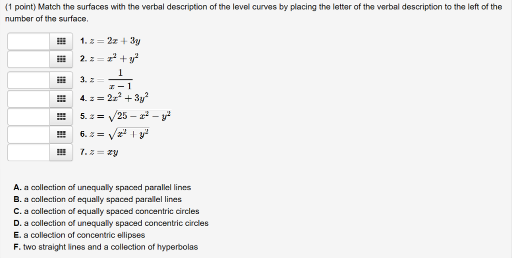 Solved (1 point) Match the surfaces with the verbal | Chegg.com