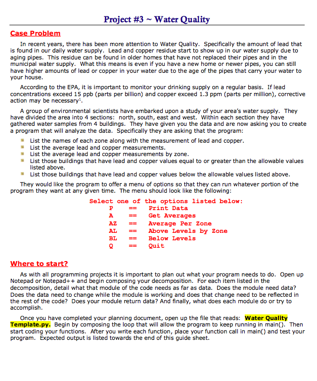 Solved Project #3 ~ water Quality Case Problem In recent | Chegg.com