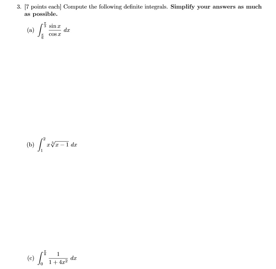 Solved 3. 17 points each] Compute the following definite | Chegg.com