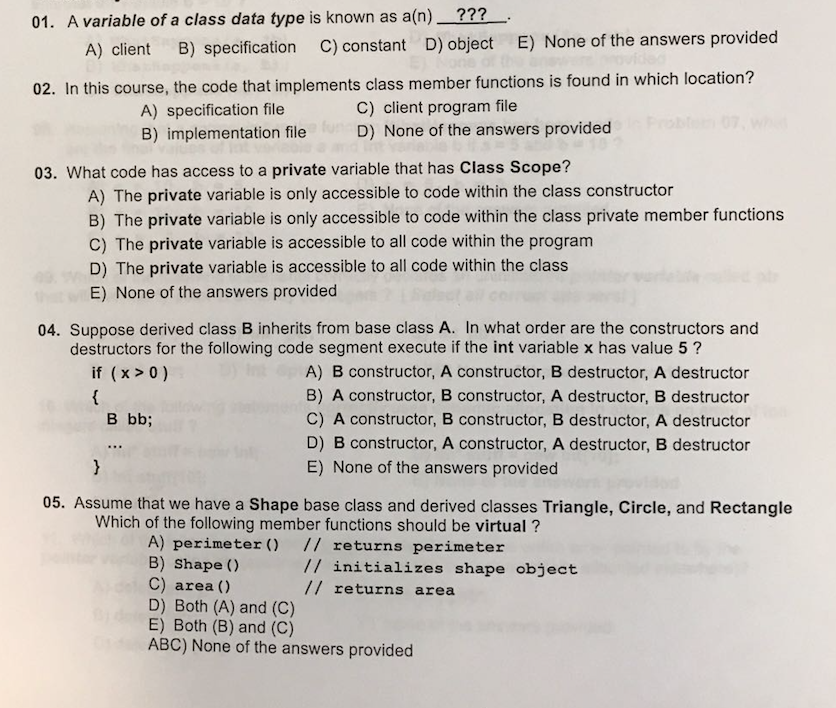 Solved A variable of a class data type is known as a(n) A) | Chegg.com