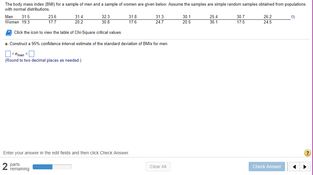Solved The body mass index (BMI) for a sample of men and a | Chegg.com