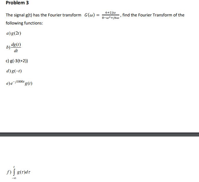 Solved Problem 3 The signal g(t) has the Fourier transform | Chegg.com