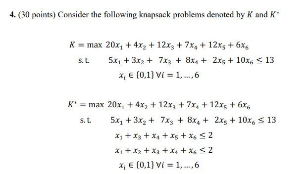 4. (30 points) Consider the following knapsack | Chegg.com