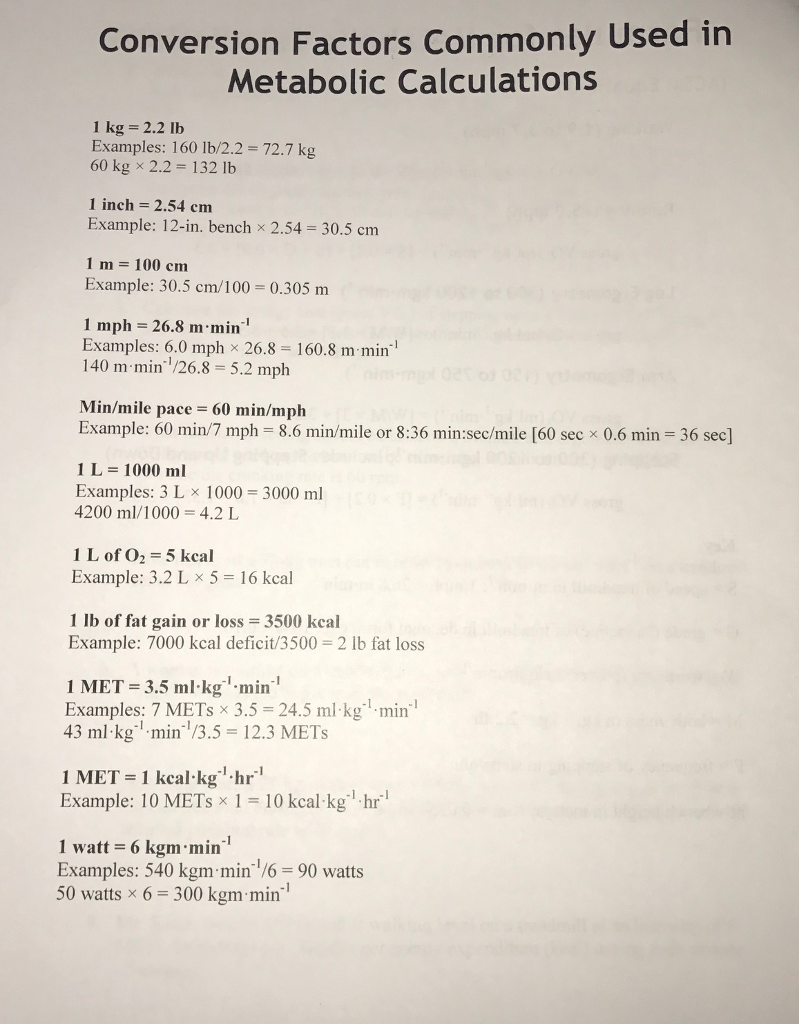 Solved Formulas for Metabolic Calculations (ACSM Equations) | Chegg.com