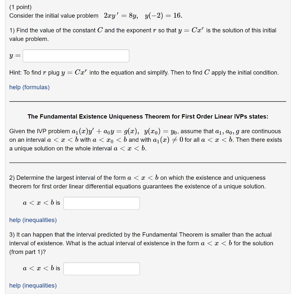Solved (1 point) Consider the initial value problem 2xy 8y, | Chegg.com
