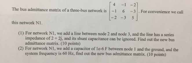 Solved 4 -2 The bus admittance matrix of a three-bus network | Chegg.com