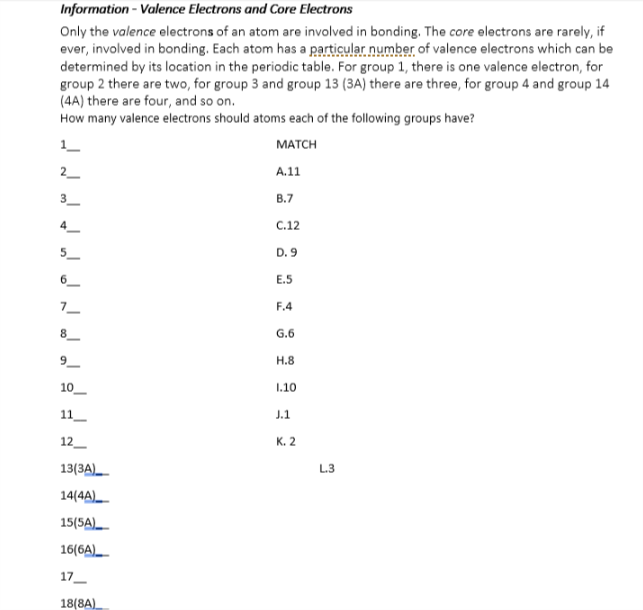 Solved Information- Valence Electrons and Core Electrons | Chegg.com
