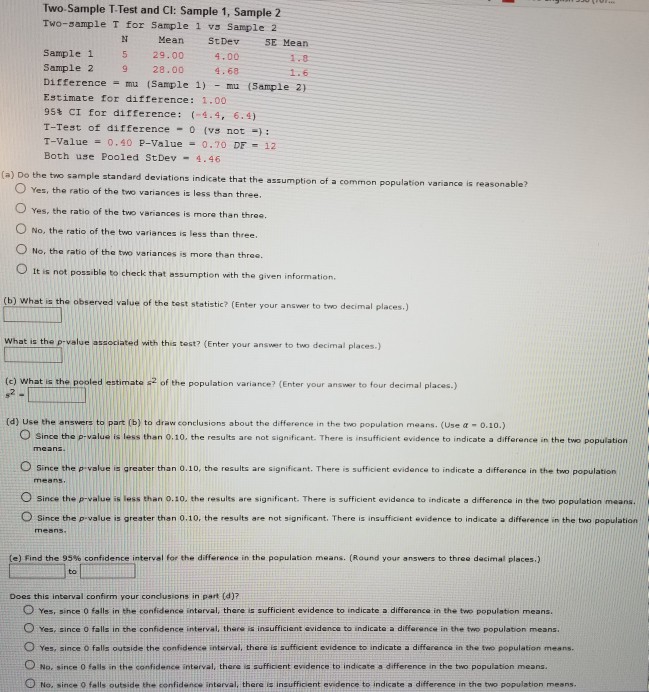 Solved Two. Sample T.Test and Cl: Sample 1, Sample 2 | Chegg.com