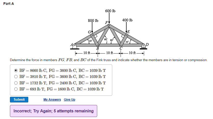 Solved Determine the force in members FG, FB, and BC of the | Chegg.com