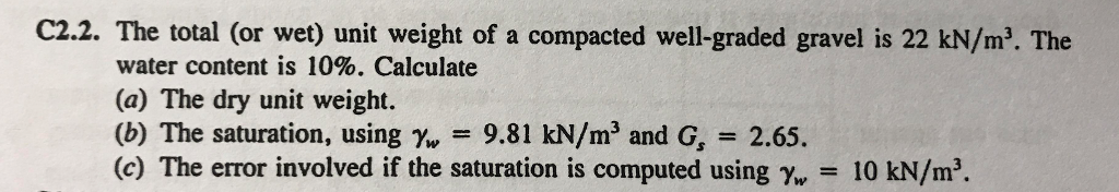Solved The total (or wet) unit weight of a compacted | Chegg.com