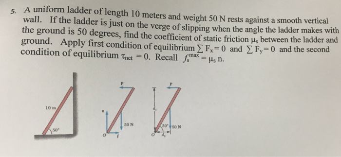 Solved A uniform ladder of length 10 meters and weight 50 N | Chegg.com