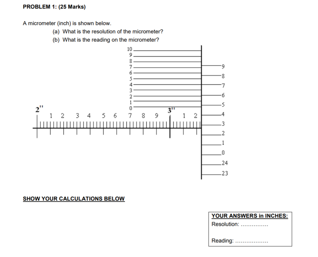 Solved PROBLEM 1: (25 Marks) A micrometer (inch) is shown | Chegg.com Solved PROBLEM 1: (25 Marks) A micrometer (inch) is shown | Chegg.com