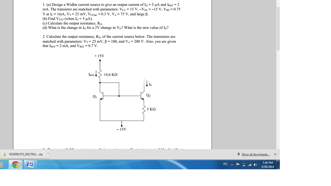 Solved Design a Widlar current source to give an output | Chegg.com