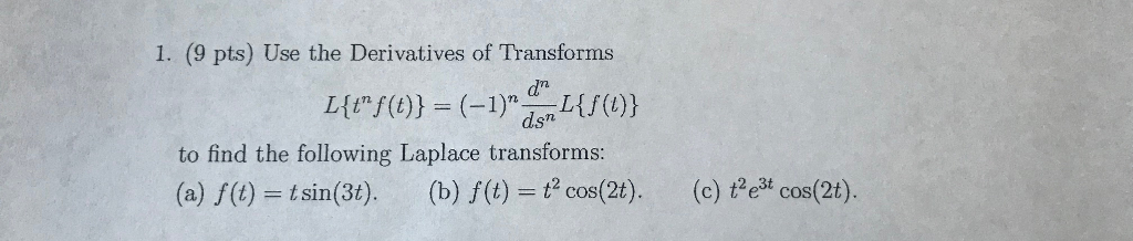Solved 1. (9 pts) Use the Derivatives of Transforms し("f(t)} | Chegg.com