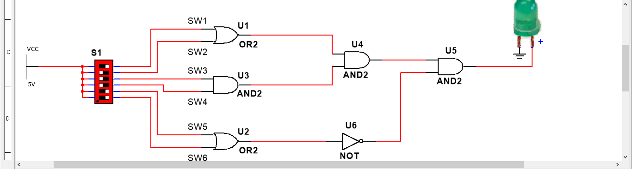 Solved VCC 5V S1 SW1 SW2 SW3 SW4 SW5 SW6 U1 OR2 U3 AND2 U2 | Chegg.com