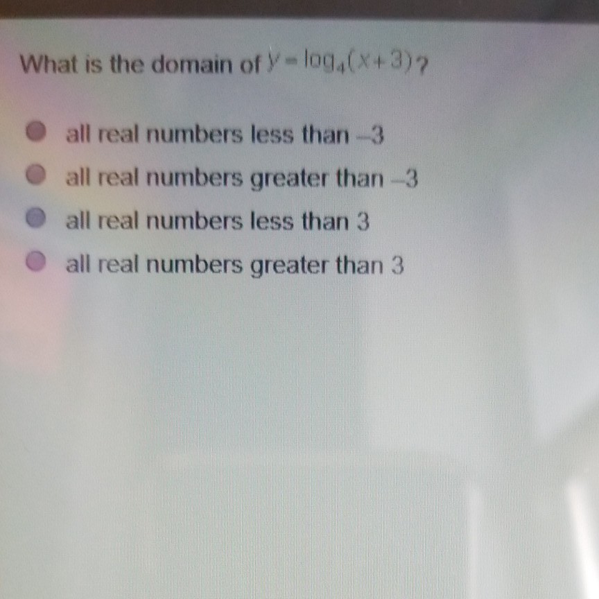 Solved What is the domain of y- log4(x+3)7 O all real | Chegg.com