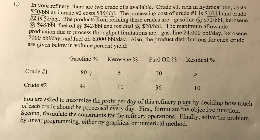 In your refinery, there are two crude oils available. | Chegg.com