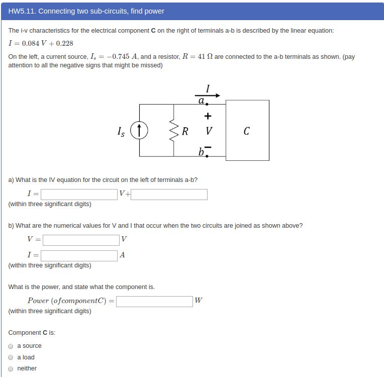 Solved HW5.11. Connecting two sub-circuits, find power The | Chegg.com