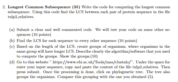 Solved 2. Longest Common Subsequence (35) Write the code for | Chegg.com