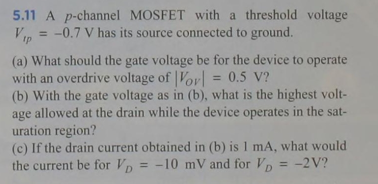 A p-channel MOSFET with a threshold voltage Vtp = - | Chegg.com