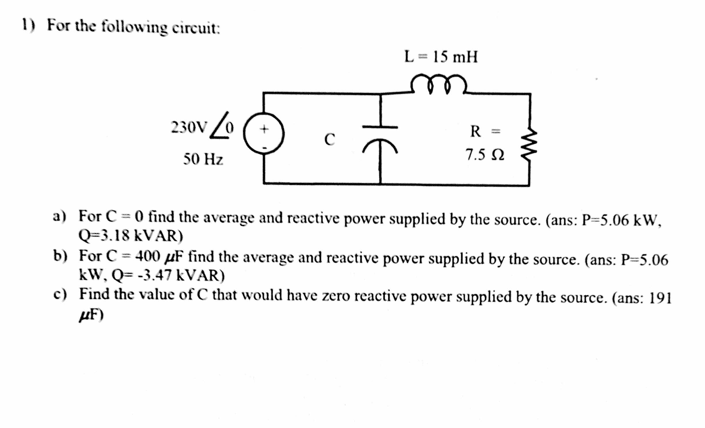 Solved For C = 0 find the average and reactive power | Chegg.com